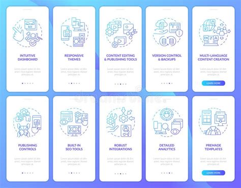 Cms Functionalities Blue Gradient Onboarding Mobile App Screen Set Stock Vector Illustration