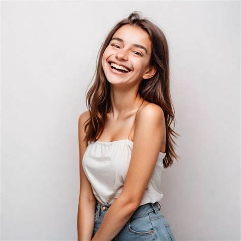Premium Photo Pretty Lady Smiling White Wall In The Background