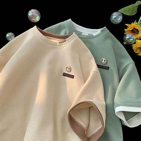 เสื้อยืดลําลอง คอกลม แขนสั้น พิมพ์ลายวาฟเฟิล ทรงหลวม แฟชั่นฤดูร้อน