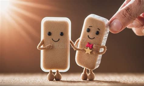 Two Smiling Rectangular Characters Stand Holding Hands With A Hand