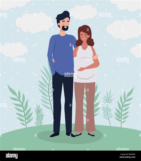 Cute Lovers Couple Pregnancy Characters In The Landscape Stock Vector