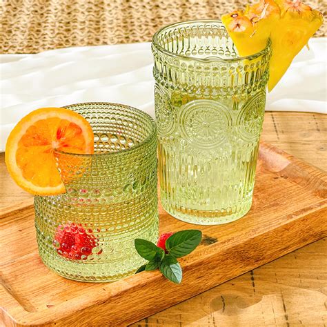 10 Oz Textured Beaded Sage Green Old Fashion Drinking Glasses Set Of Mwf
