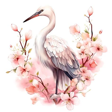 Premium Photo Watercolor Crane Bird Surrounded With Cherry Blossoms