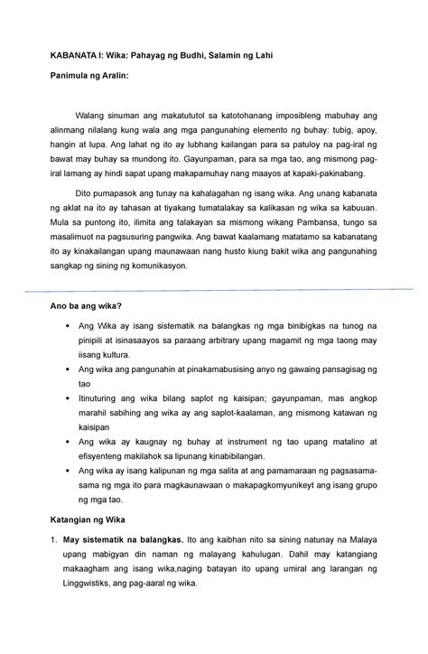 Fil X Aralin Asd KABANATA I Wika Pahayag Ng Budhi Salamin Ng Lahi Panimula Ng