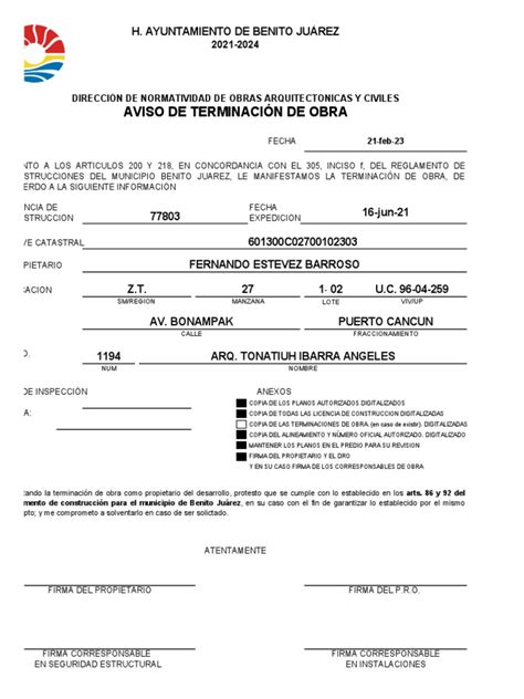 Aviso De Terminación De Obra 2023 Pdf