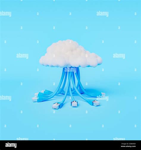 Minimal Concept Of Cloud Connectivity Ethernet Cables Connected To A Cloud On A Blue Background