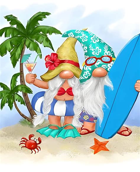 Two Gnomes On The Beach With A Surfboard And A Crab Under A Palm Tree