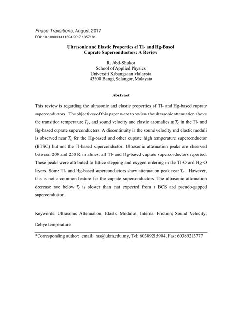 Pdf Ultrasonic And Elastic Properties Of Tl And Hg Based Cuprate Superconductors A Review