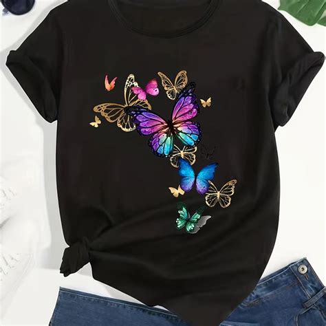 Temu｜plus Size Butterfly Print T Shirt Casual Crew Neck Short Sleeve T
