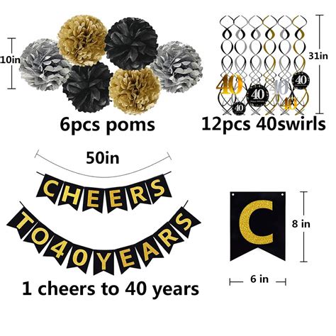 Famoby Gold Glittery Cheers To 40 Years Banner With Pom Poms 40th
