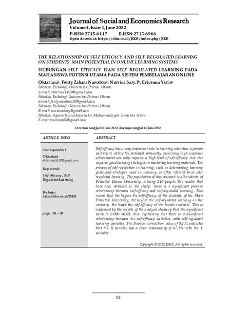 Pdf Hubungan Self Efficacy Dan Self Regulated Learning Pada Mahasiswa Potensi Utama Pada