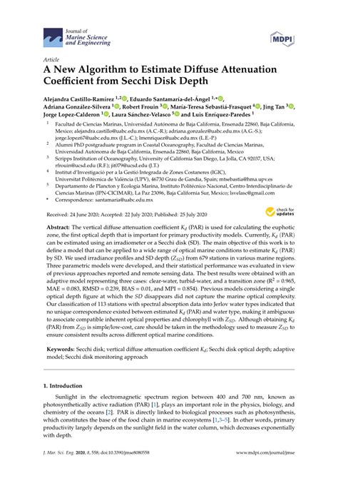Pdf A New Algorithm To Estimate Diffuse Attenuation Coefficient From