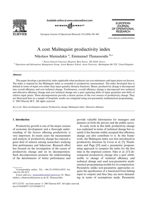 Pdf A Cost Malmquist Productivity Index