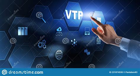 The Man Clicks On The Inscription VTP VLAN Trunking Protocol Stock