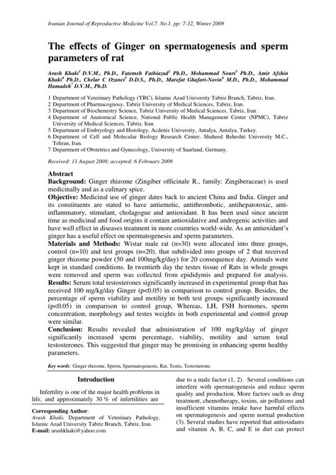 Pdf The Effects Of Ginger On Spermatogenesis And Sperm Parameters Of Rat