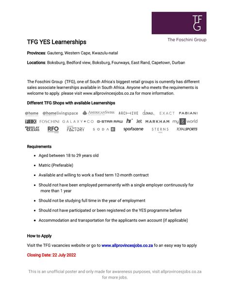 New Tfg Yes Learnerships Provinces Just Matric Jobs
