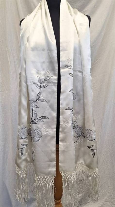 Frangi White Satin Floral Embroidered Fringed Rectangle Shawl Scarf W46cm L180cm Excluding