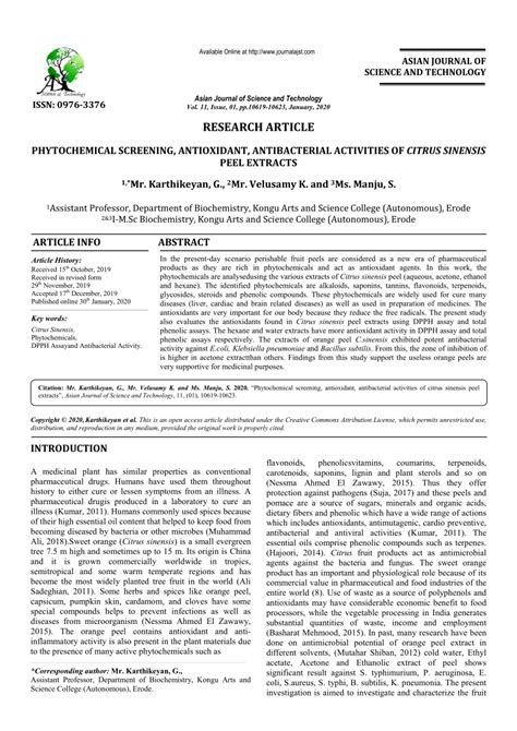 Pdf Phytochemical Screening Antioxidant Antibacterial Activities Of
