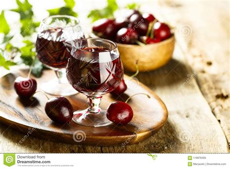 Homemade Cherry Liquor Served In Glasses Stock Image Image Of Citrus