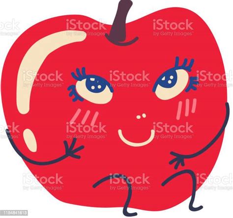 웃는 얼굴 달콤한 사랑 스러운 재미 있는 과일 만화 문자 벡터 일러스트 레이 션과 귀여운 빨간 사과 건강한 식생활에 대한 스톡