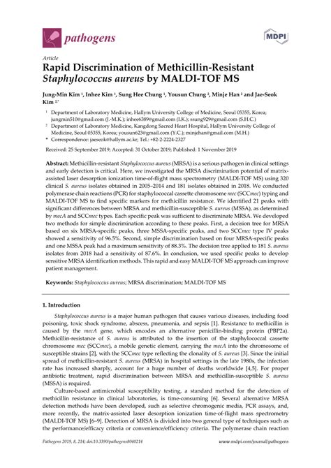 Pdf Rapid Discrimination Of Methicillin Resistant Staphylococcus Aureus By Maldi Tof Ms