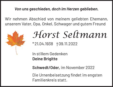Traueranzeigen Von Horst Seltmann Märkische Onlinezeitung Trauerportal