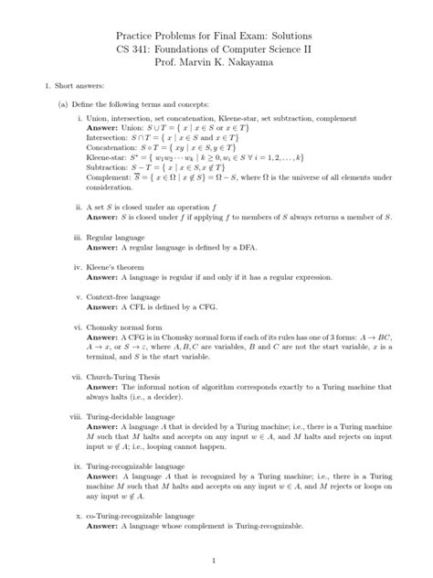 Practice Problems For Final Exam: Solutions CS 341: Foundations of Computer Science II Prof ...