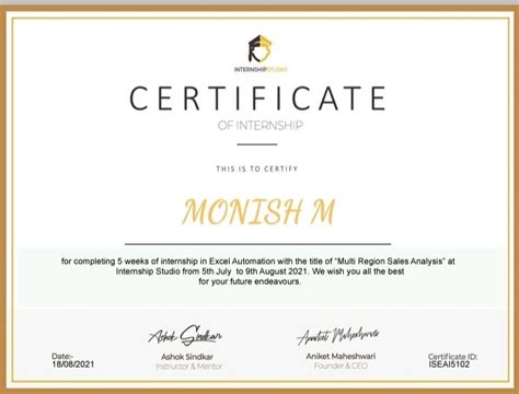 Monish M On Linkedin Successfully Completed A 5 Week Long Training Internship In Excel