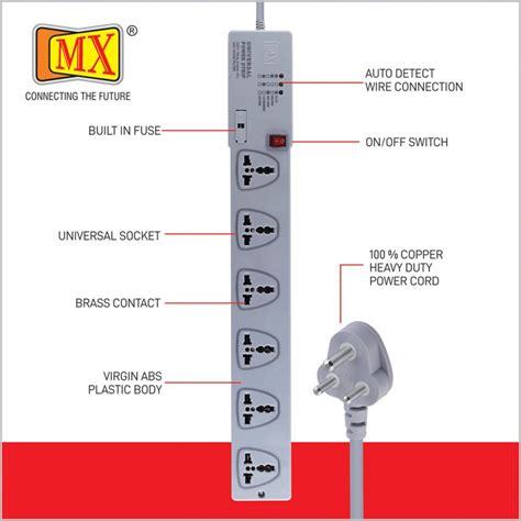 Mx Power Strip With 6 Universal Socket Master Switch Power Indicator Auto Detect Wire