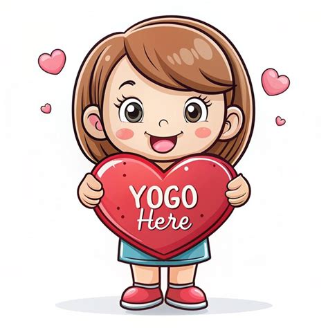 Premium Photo Cute Girl Holding Heart Logo Banner Hand Drawn Cartoon Art Illustration