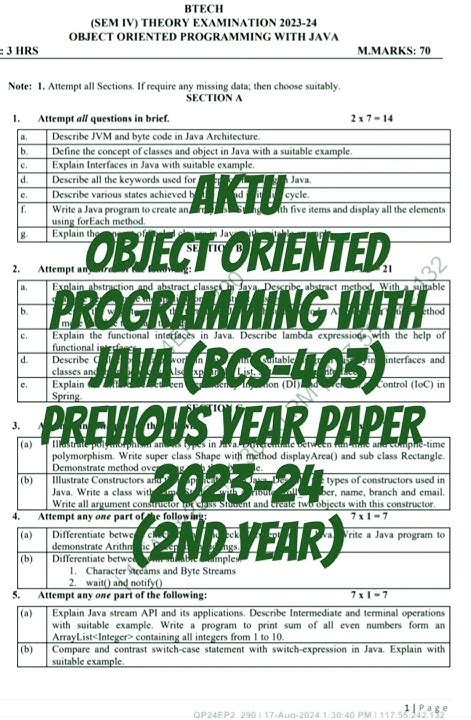 Aktu Oops With Java Bcs 403 2023 24 Previous Year Paper Shorts Exam Btech Oopsinjava