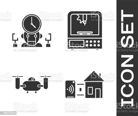 스마트 홈 로봇 및 디지털 시간 관리자 액션 카메라와 3d 프린터 아이콘으로 비행 하는 무인 항공기 설정 벡터 0명에 대한 스톡 벡터 아트 및 기타 이미지 Istock