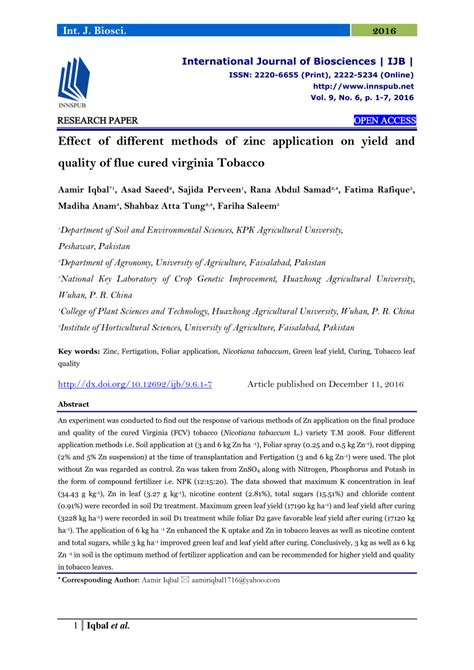 Pdf Effect Of Different Methods Of Zinc Application On Yield And Quality Of Flue Cured
