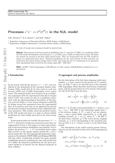 Pdf Processes Ee− → π0π0′ γ In Extended Njl Model