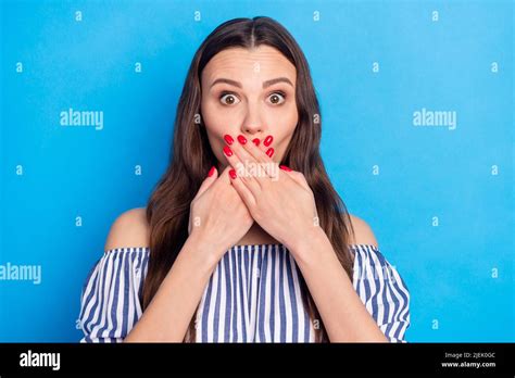 Photo Of Impressed Guilty Young Lady Wear Off Shoulders Clothes Arms