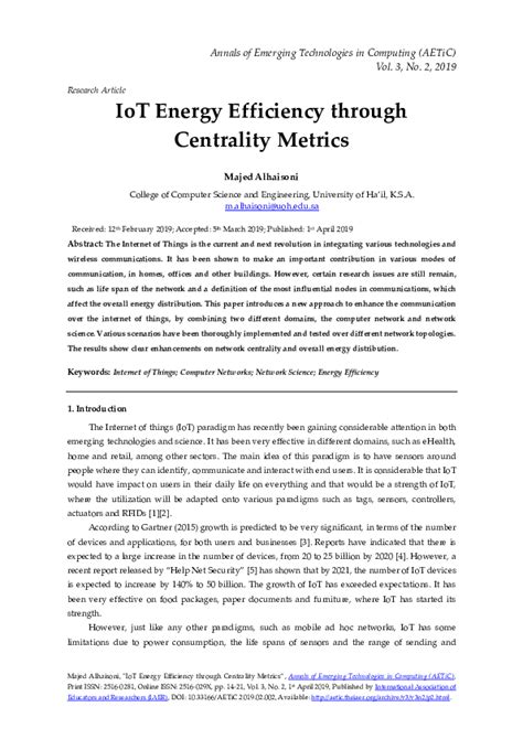 Pdf Iot Energy Efficiency Through Centrality Metrics Annals Of Emerging Technologies In