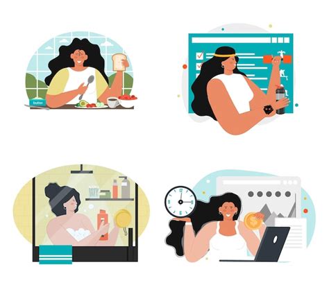 Premium Vector Woman Daily Routine Vector Scene Isolated Set