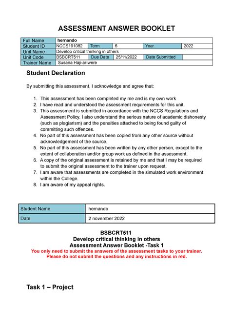 Assessment Bsbcrt Hernando Task ASSESSMENT ANSWER BOOKLET Full Name Hernando