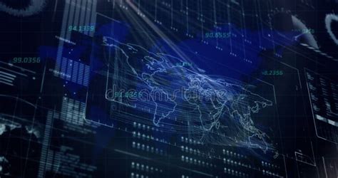 animation of data processing and world map on dark digital screen stock