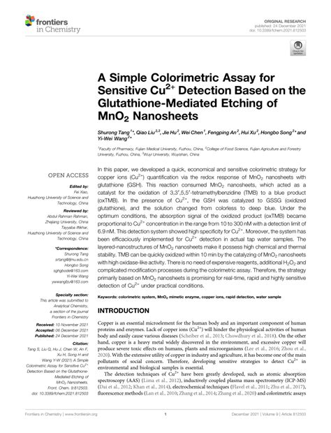 Pdf A Simple Colorimetric Assay For Sensitive Cu2 Detection Based On The Glutathione Mediated