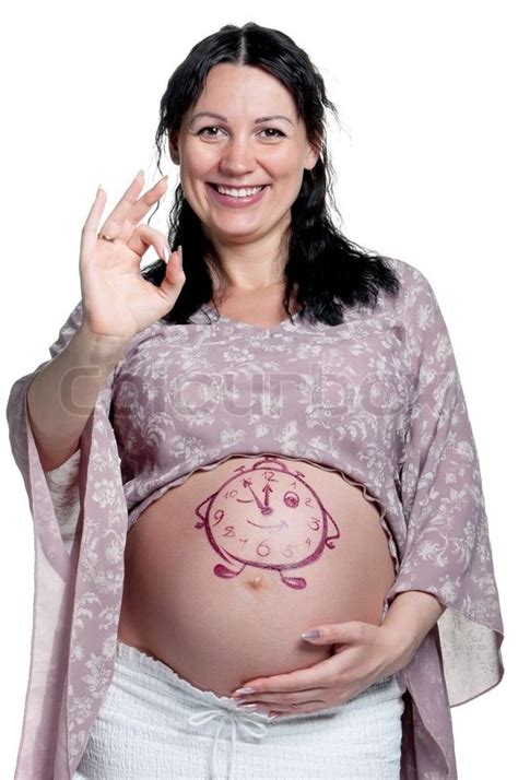 Tummy Af Gravid Kvinde Med Sjove Tegning Over Hvide Baggrund Stock