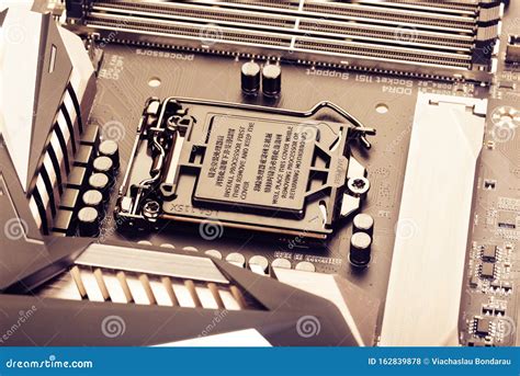 vrm zone voltage regulator module cpu socket with protector cap and memory sockets on modern