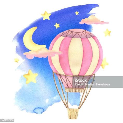 별과 구름이 있는 하늘의 풍선 고립된 배경에 수채화 그림 하늘을 가로지르는 여행 어린이 방 0명에 대한 스톡 벡터 아트 및 기타