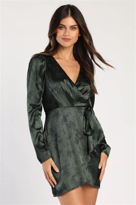 Emerald Green Mini Dress Satin Mini Dress Long Sleeve Dress Lulus