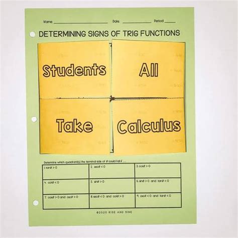 Signs Of Trig Functions Interactive Notebook By Rise And Sine TpT