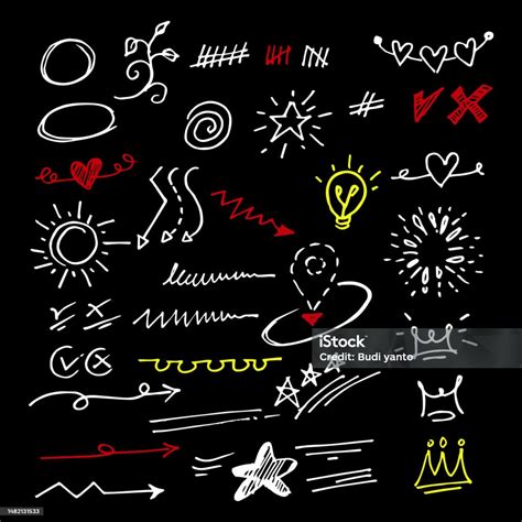 手描きの落書きベクター画像デザインエレメントセット花火 急降下 渦巻き 矢印 心 愛 クラウン いたずら書きのベクターアート素材や画像を