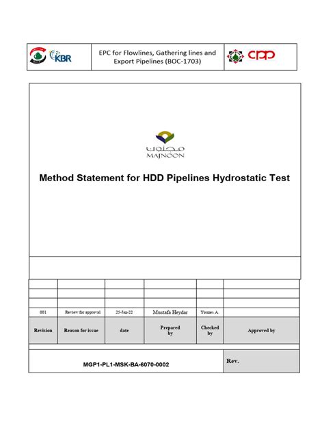 Method Statement For Hdd Pipelines Hydrostatic Test 4feb Pdf