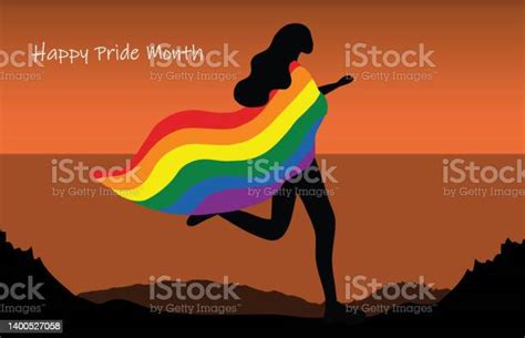 해변 벡터 일러스트레이션에서 무지개 깃발을 달리는 Lgbtq 트랜스젠더 여성 Lgbtq 프라이드 월 개념 Lgbt 프라이드의 달에 대한 스톡 벡터 아트 및 기타 이미지