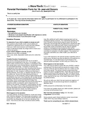 Fillable Online Parental Permission Form For 16 Year Old Donors New