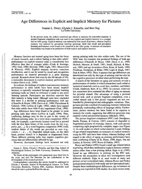 Age Differences In Explicit And Implicit Memory For Pictures